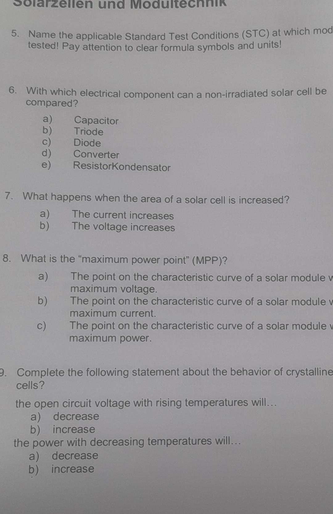 Solved 5. Name the applicable Standard Test Conditions (STC) | Chegg.com