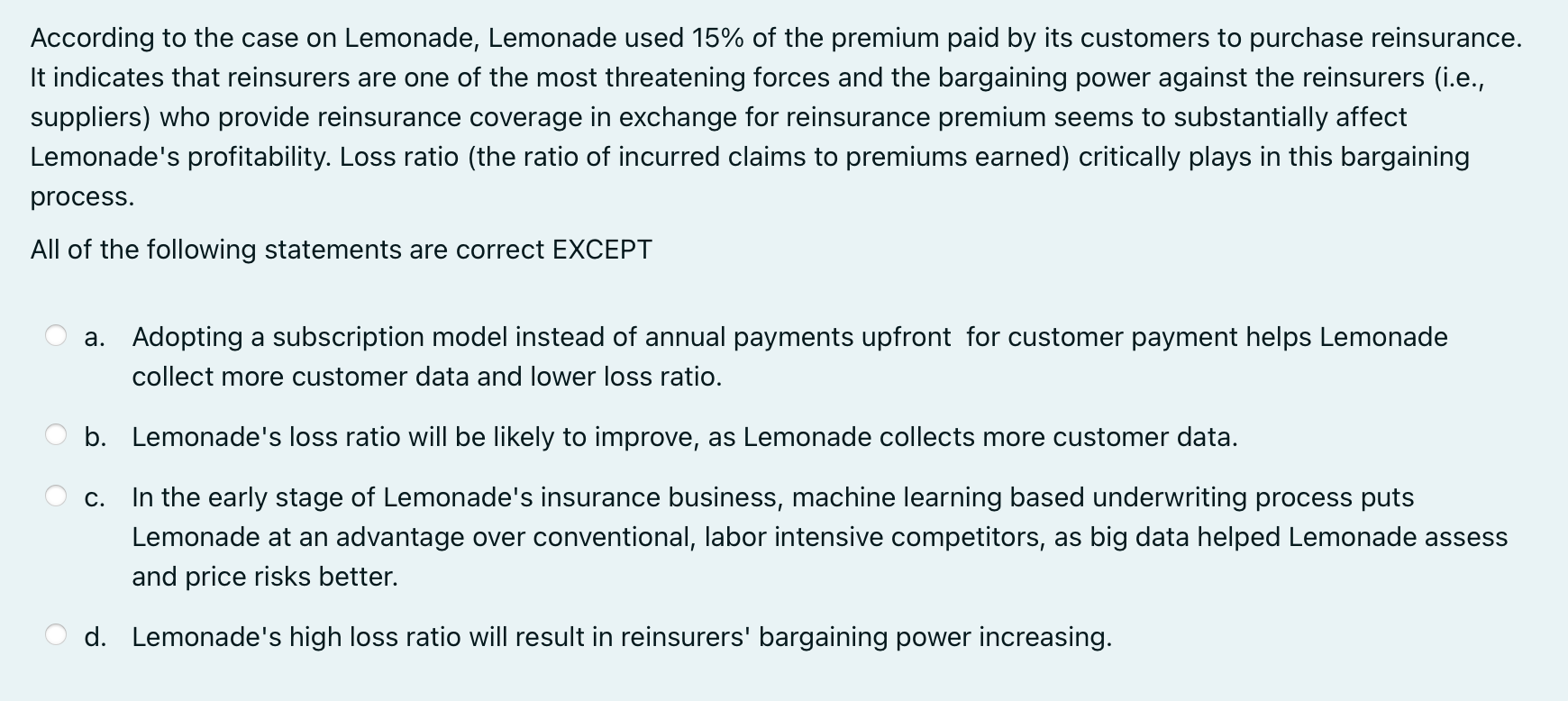 Solved According to the case on Lemonade, Lemonade used 15% | Chegg.com