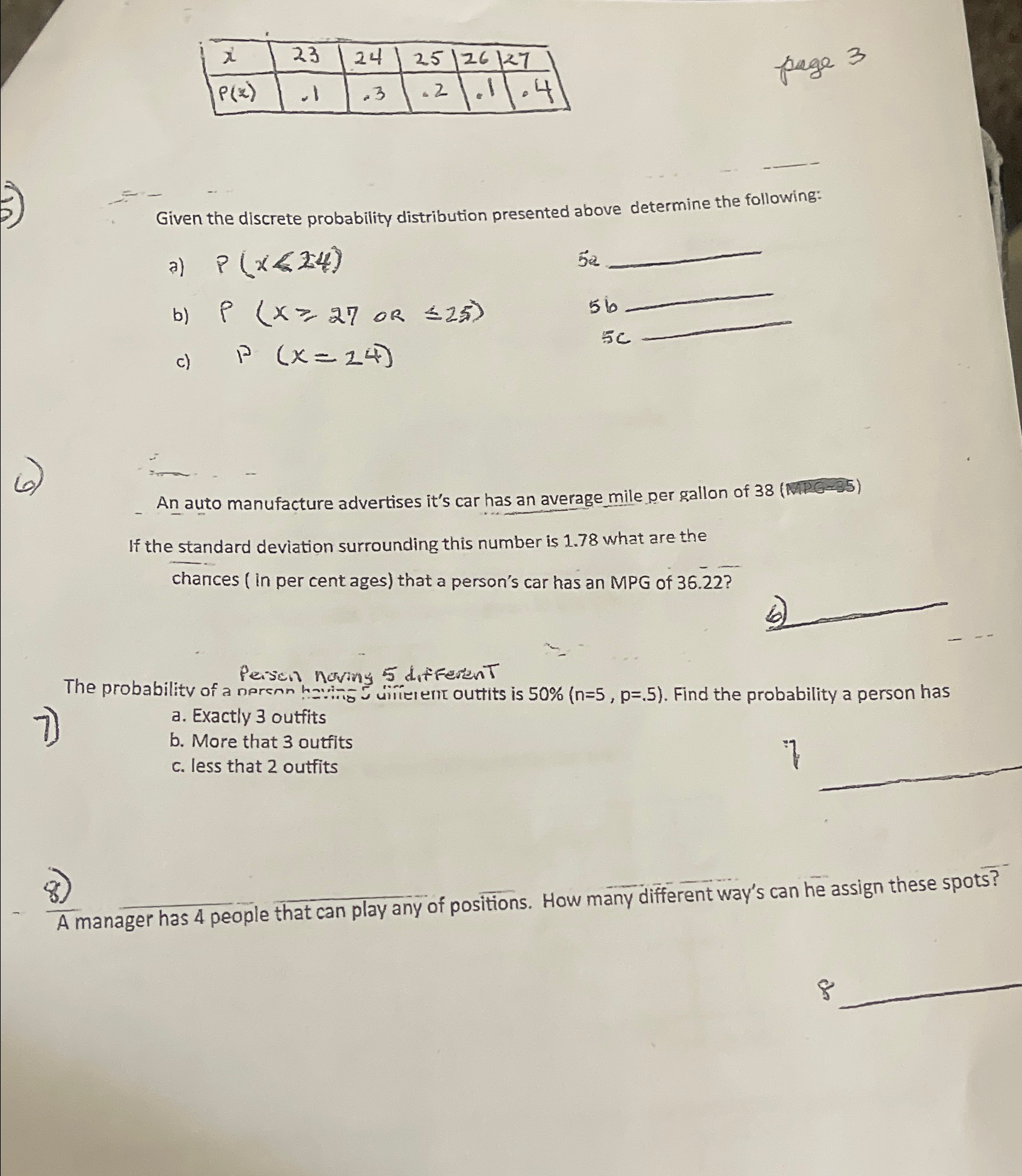 Solved \table[[x,23,24,25,26,27],[P(x),.1,.3,.2,.1,.4]]Given | Chegg.com
