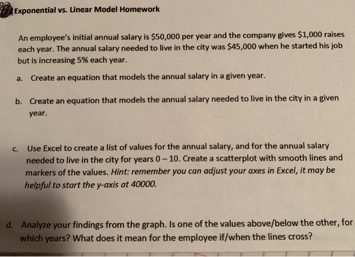 Exponential vs. Linear Model Homework An employee's | Chegg.com