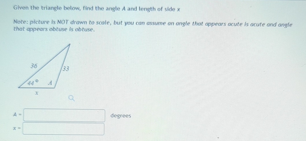 Given the triangle below, find the angle A and length | Chegg.com