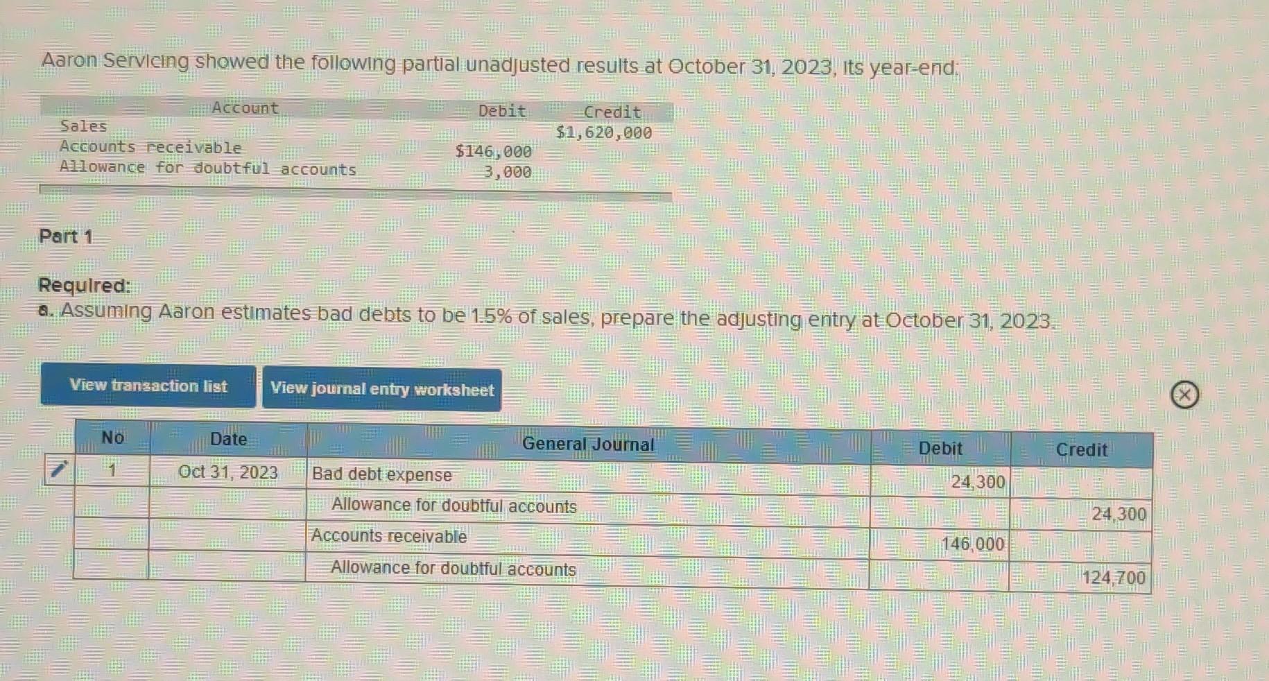 Solved Aaron Servicing showed the following partlal | Chegg.com