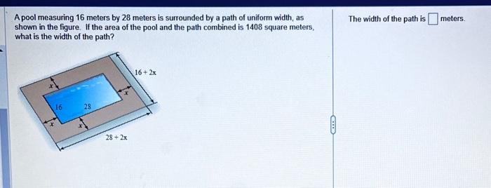 Solved A pool measuring 16 meters by 28 meters is surrounded | Chegg.com