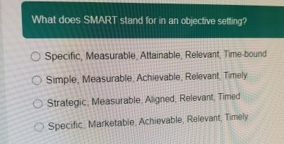 Solved What does SMART stand for in an objective | Chegg.com