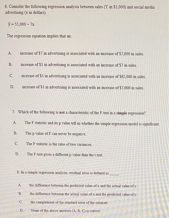 Solved 6: Consider the following regression analysis between | Chegg.com