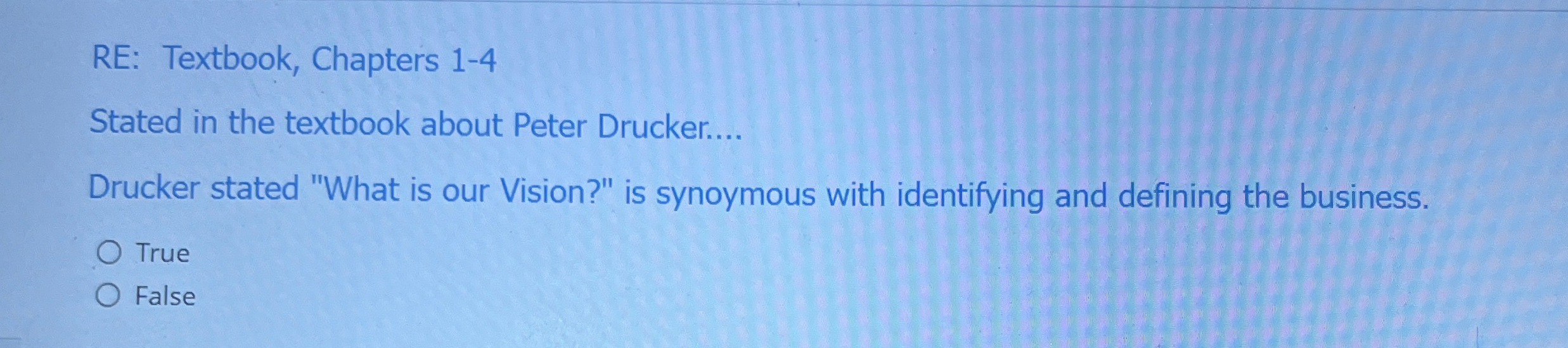 Solved RE: Textbook, Chapters 1-4Stated in the textbook | Chegg.com