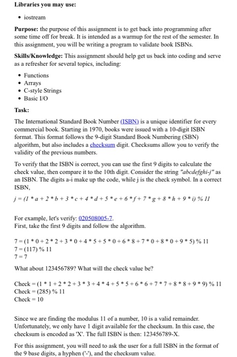 Solved Libraries you may use: . iostream Purpose: the | Chegg.com