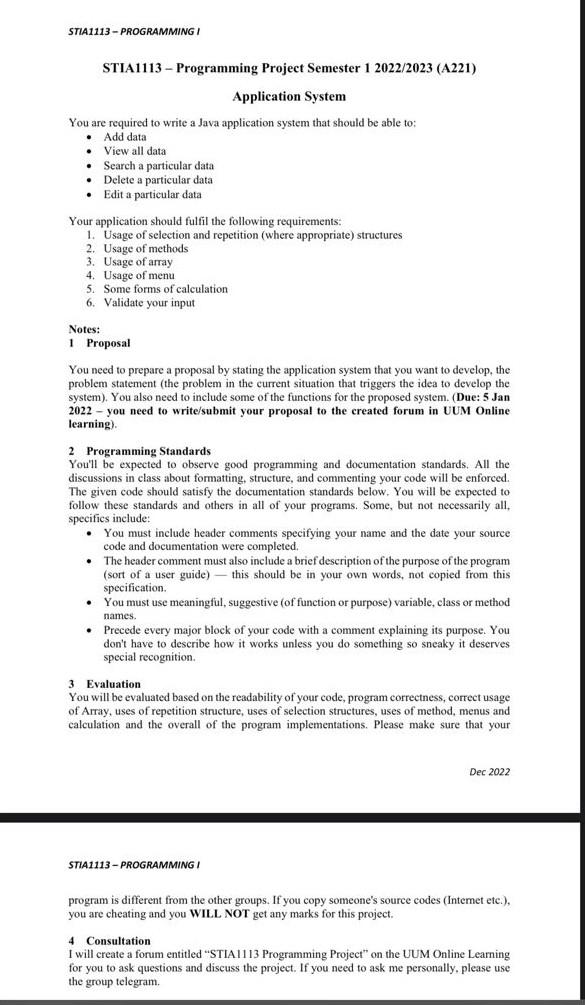 Solved STIA1113 - Programming Project Semester 1 2022/2023 | Chegg.com