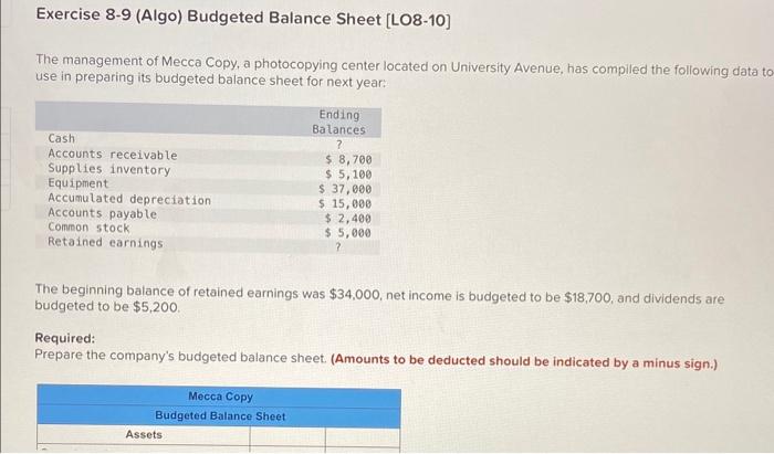 Solved Exercise 8-9 (Algo) Budgeted Balance Sheet [LO8-10] | Chegg.com