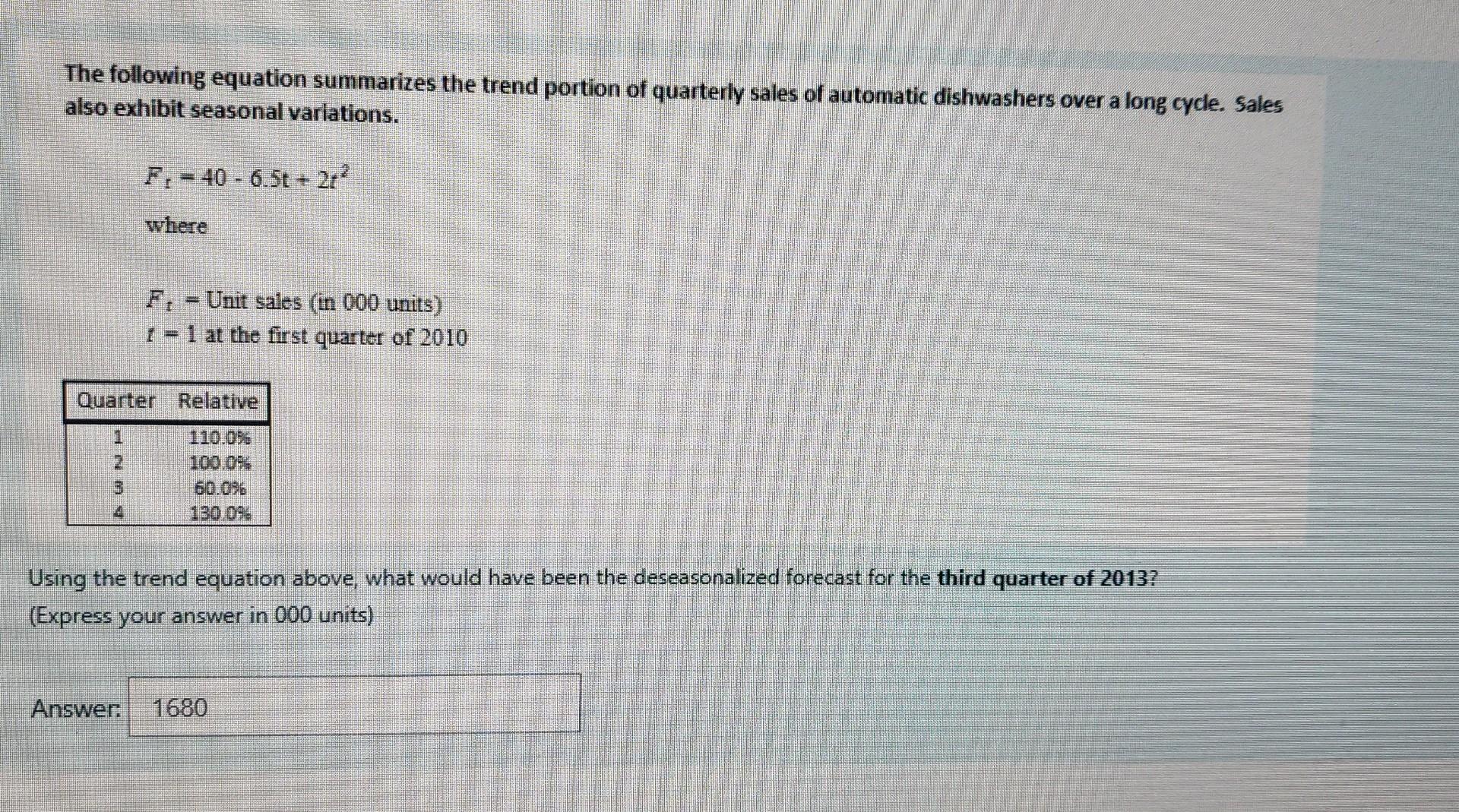 Solved The following equation summarizes the trend portion | Chegg.com