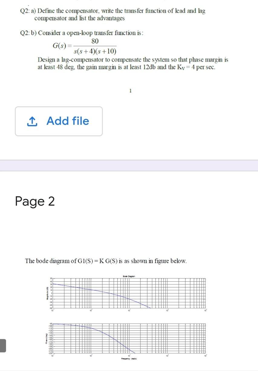 Solved Q2: a) Define the compensator, write the transfer | Chegg.com