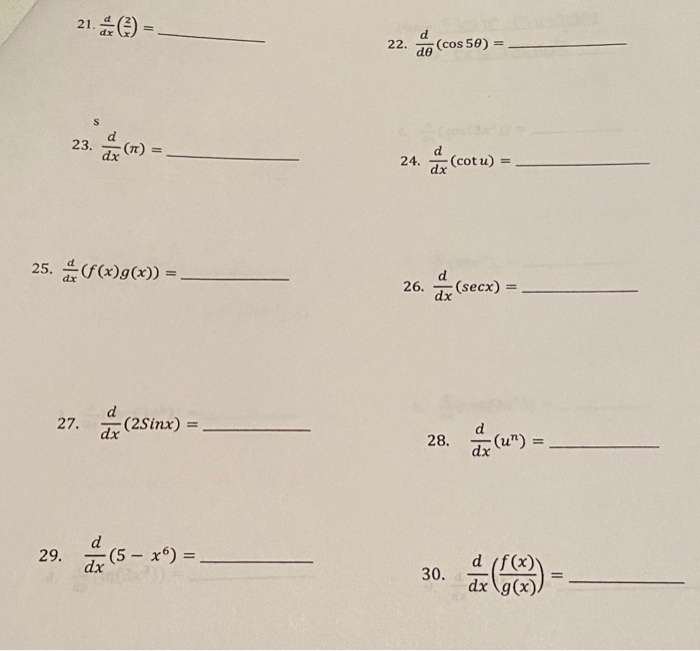 Solved 21. ) = cos 50) = 23. (10) = (cotu) = 25. (Fx)9(x)) | Chegg.com