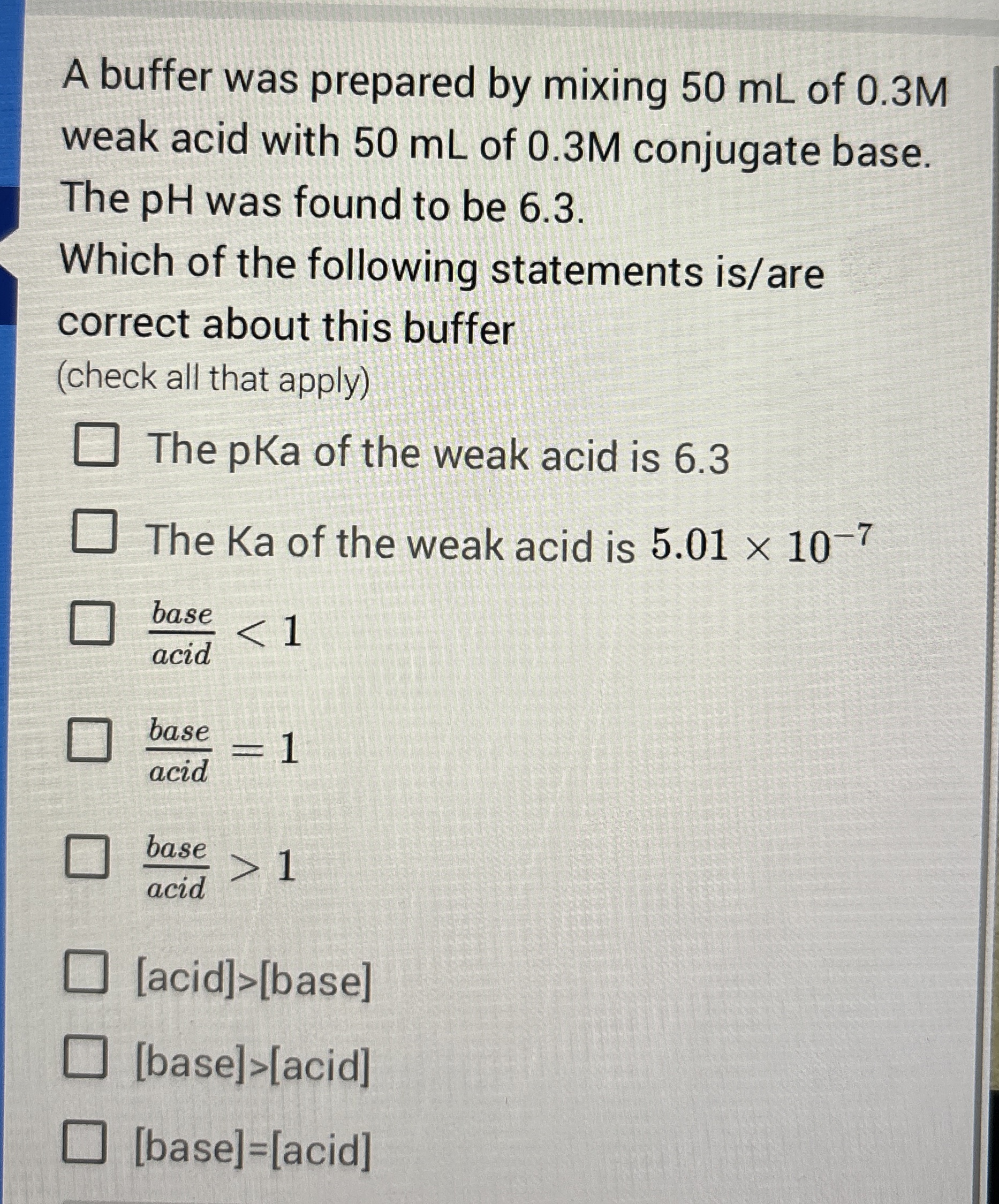 Solved A buffer was prepared by mixing 50 ﻿mL of 0.3 ﻿M weak | Chegg.com