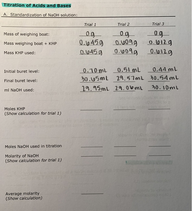 Solved PLEASE HELP. please calculate the moles NaOH used in | Chegg.com
