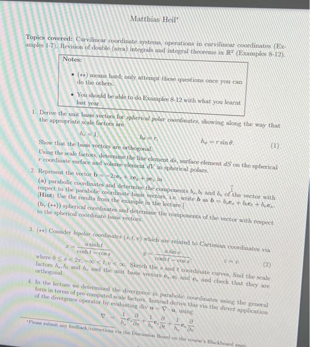 Solved Topics Covered Curvilinear Coordinate Systems
