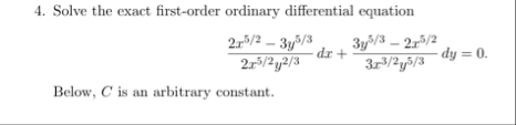 Solve the exact first-order ordinary differential | Chegg.com