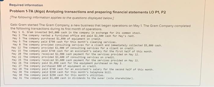 Solved Required information Problem 1-7A (Algo) Analyzing | Chegg.com