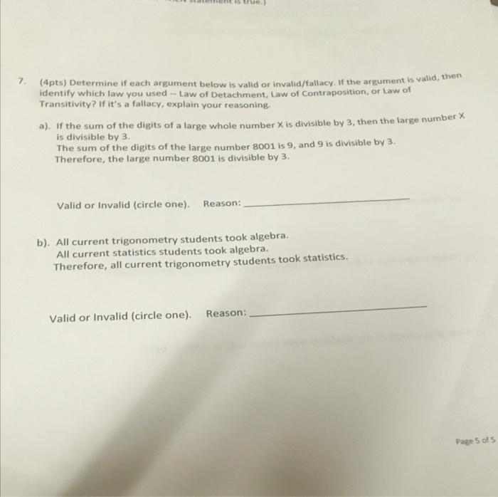 Solved 7. (Apts) Determine if each argument below is valid | Chegg.com