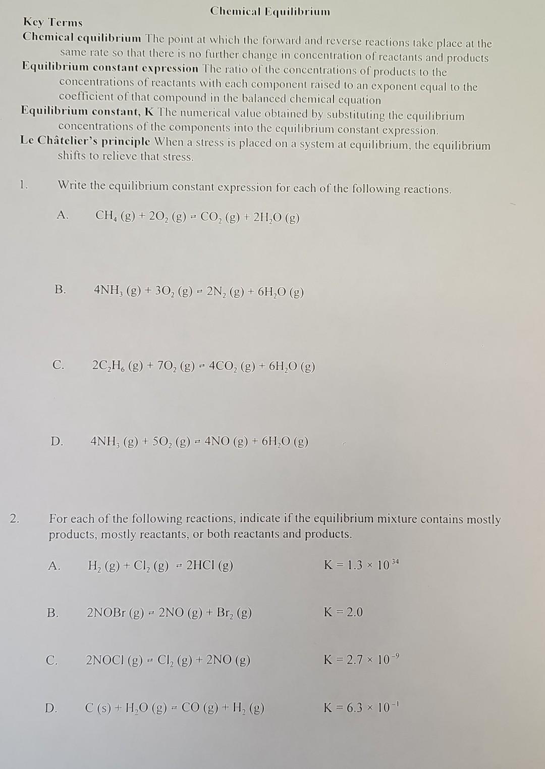 Solved Chemical Equilibrium Key Terms Chemical equilibrium | Chegg.com
