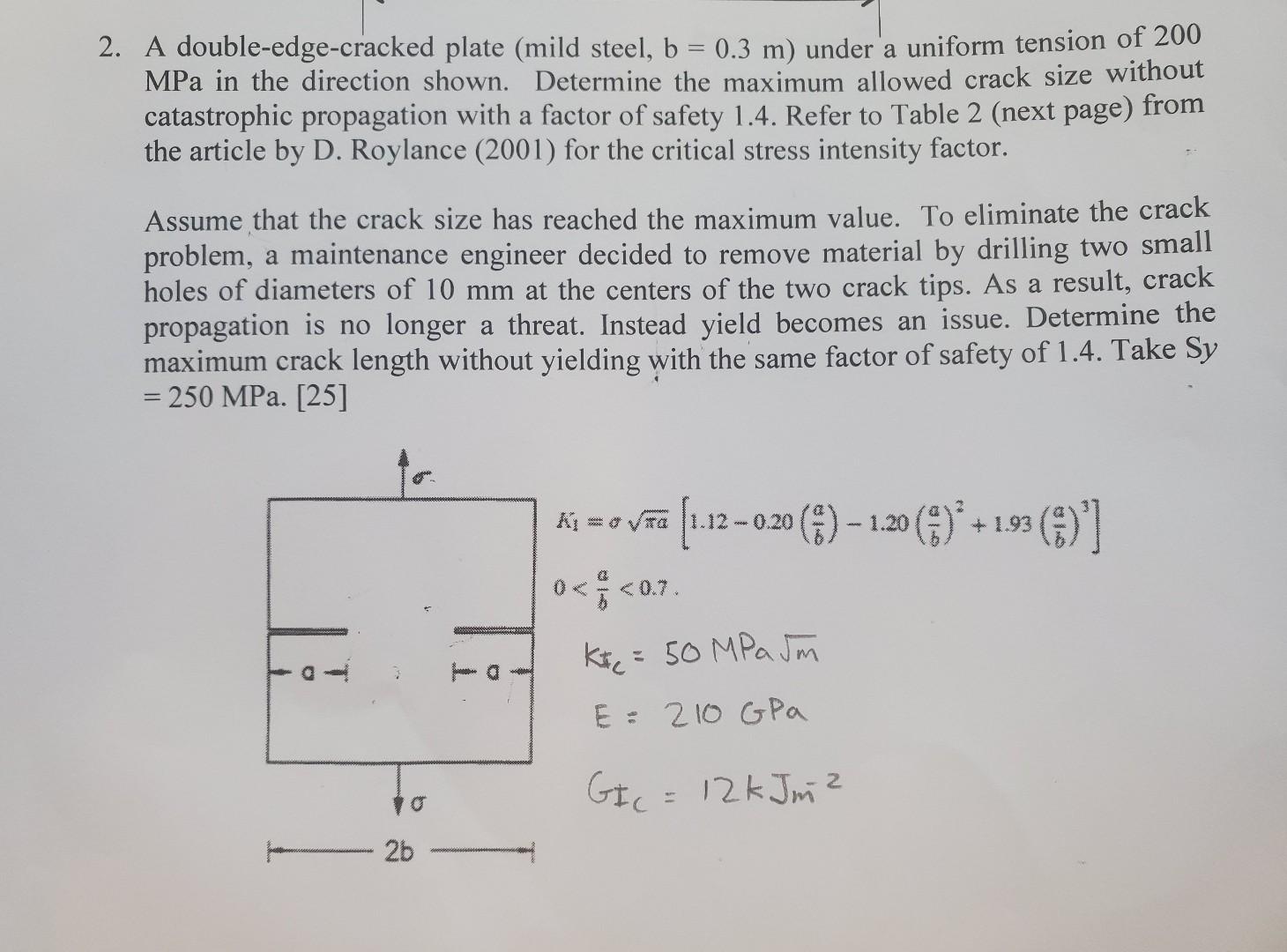 Solved A double-edge-cracked plate (mild steel, b=0.3 m ) | Chegg.com