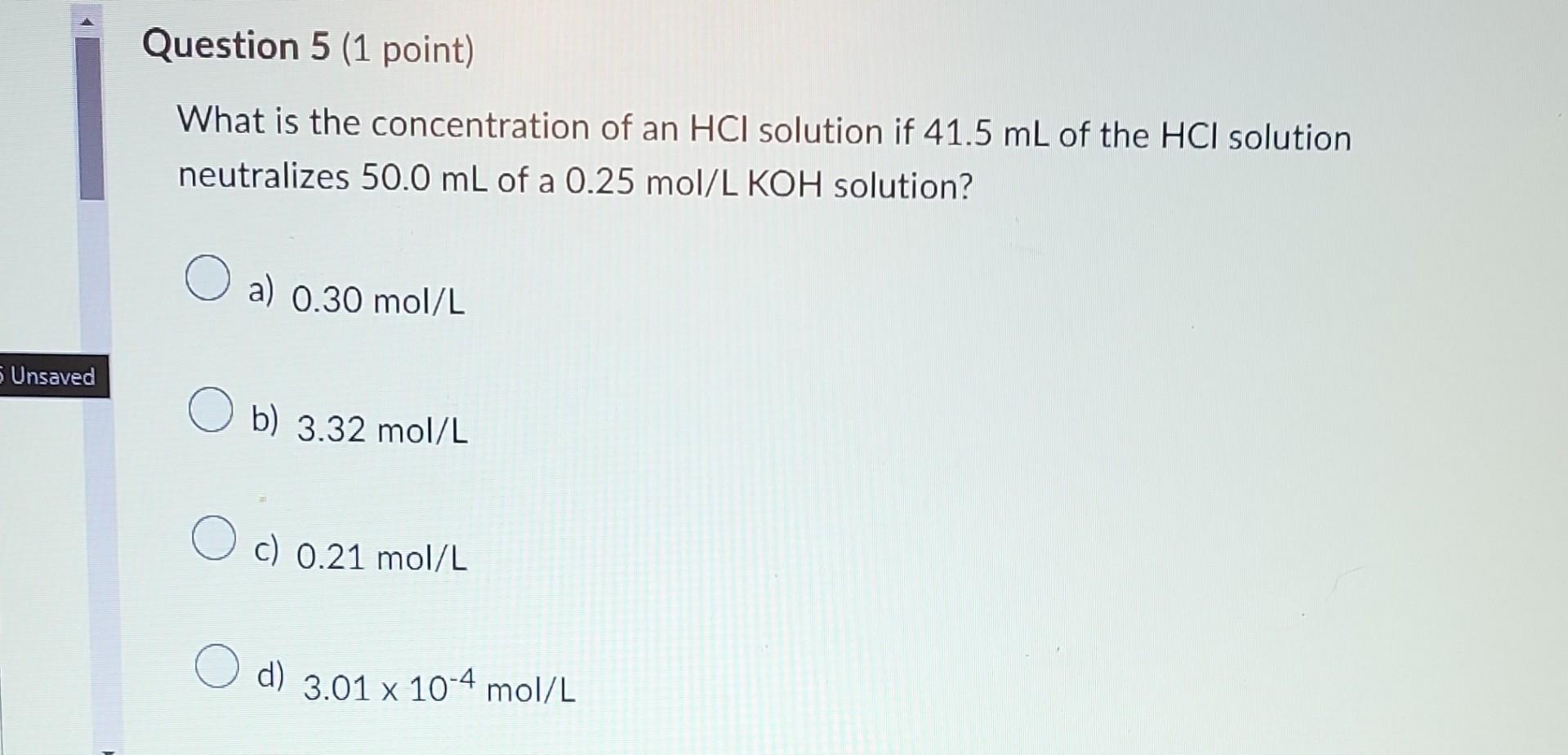Solved What is the concentration of an HCl solution if 41.5 | Chegg.com