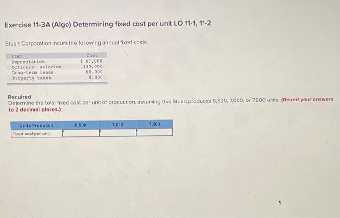 Solved Exercise 11-3A (Algo) Determining fixed cost per unit | Chegg.com