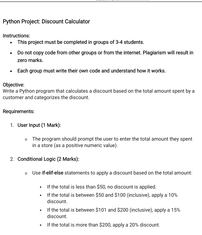 Solved User Input (1 ﻿Mark):The program should prompt the | Chegg.com