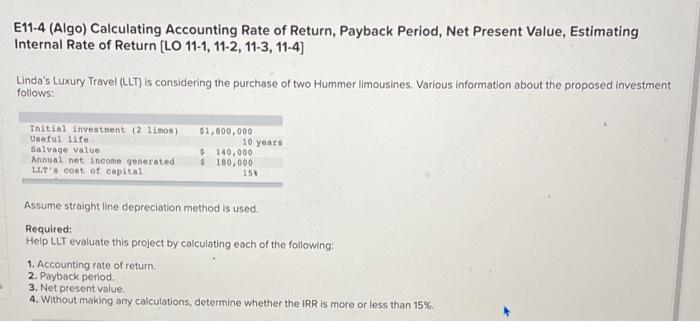 Solved E11-4 (Algo) Calculating Accounting Rate of Return, | Chegg.com