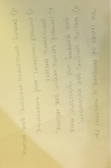 Solved The center of pressure is function of a specific | Chegg.com