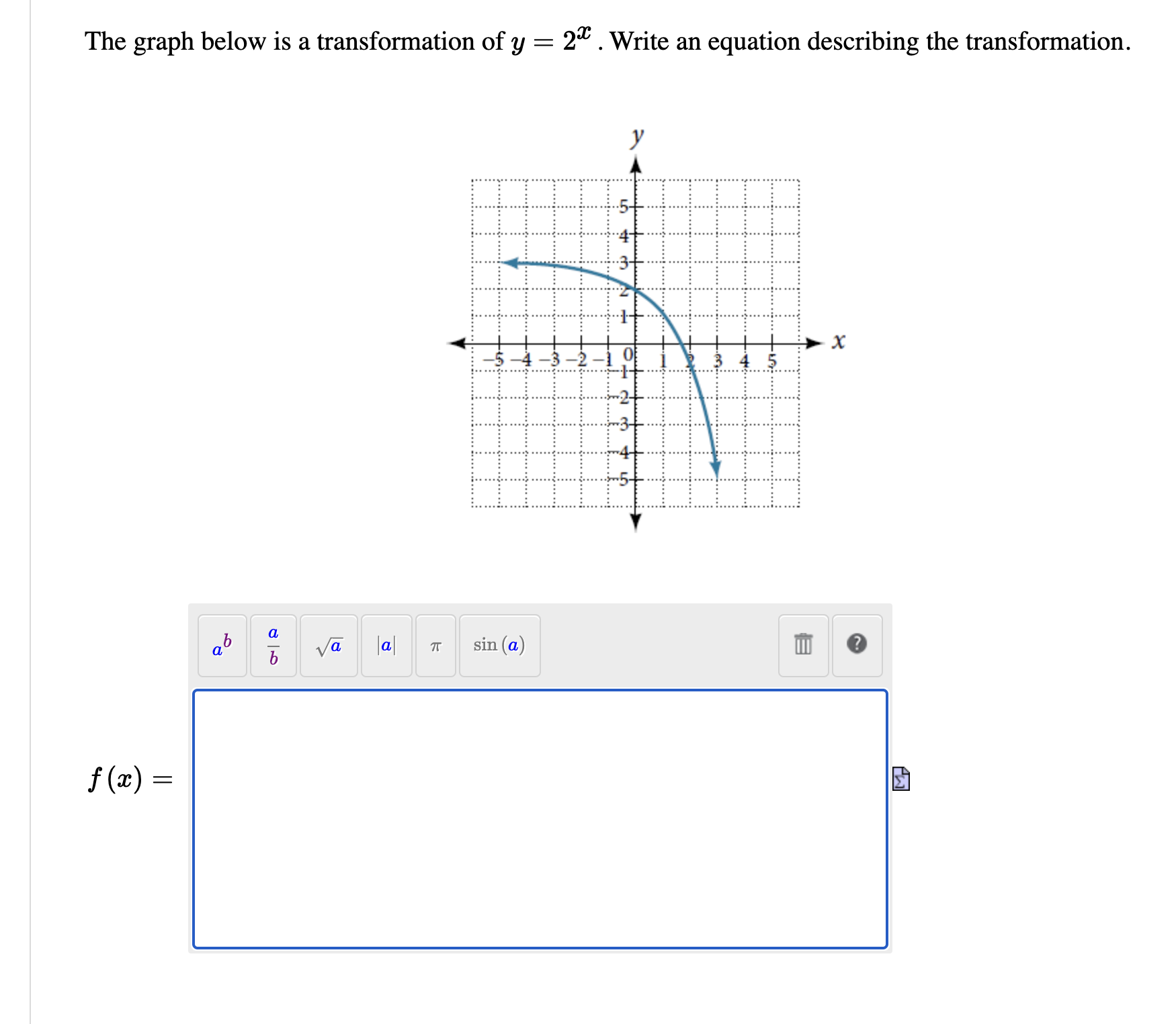 Solved The graph below is a transformation of y=2x. ﻿Write | Chegg.com