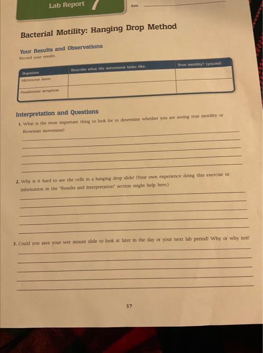 Solved Bacterial Motility: Hanging Drop Method Your Results | Chegg.com