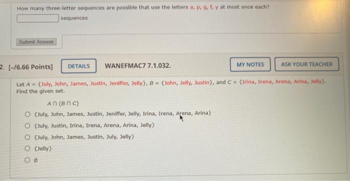 Solved How many three-letter sequences are possible that use | Chegg.com