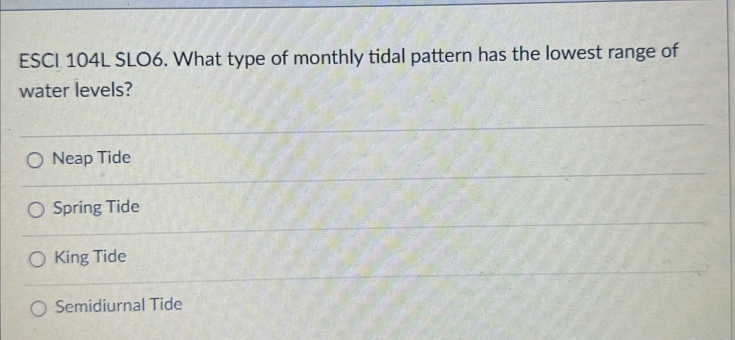 Solved ESCI 104L SLO6. ﻿What type of monthly tidal pattern | Chegg.com