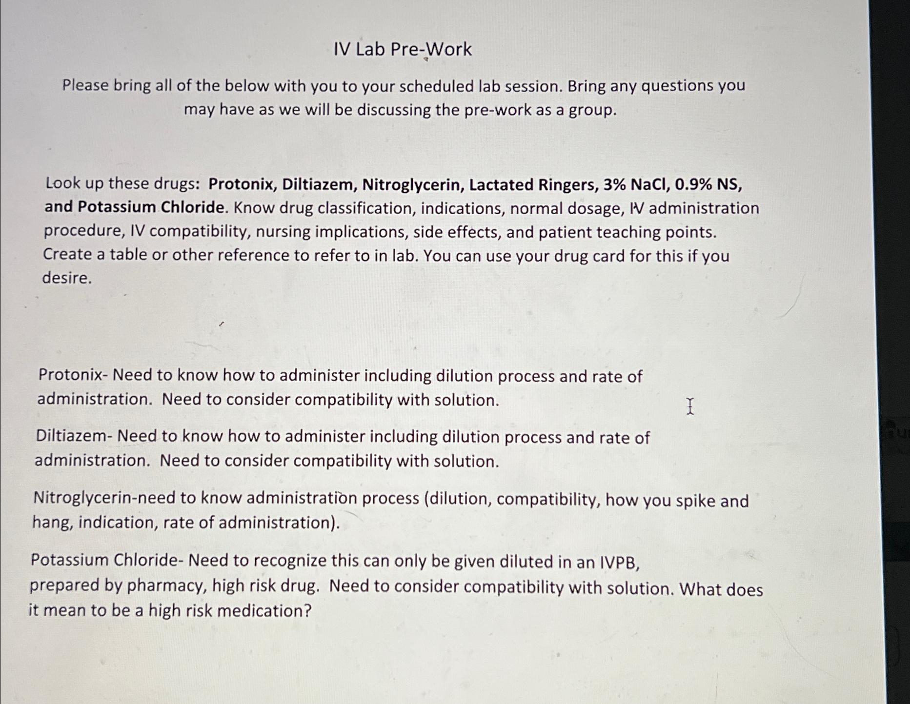 Solved IV Lab Pre-WorkPlease bring all of the below with you | Chegg.com