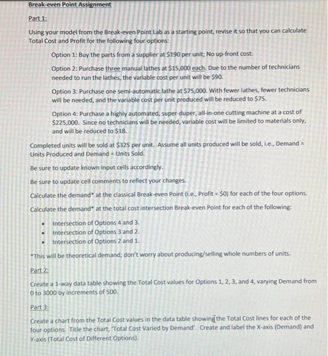 Solved Break-even Point Assignment Part 1: Using your model | Chegg.com