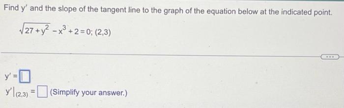 Solved Find y′ and the slope of the tangent line to the | Chegg.com