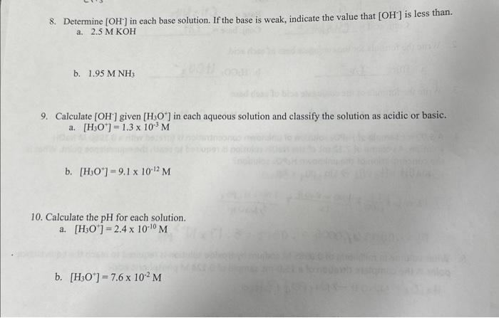 Solved 8. Determine [OH−]in each base solution. If the base | Chegg.com