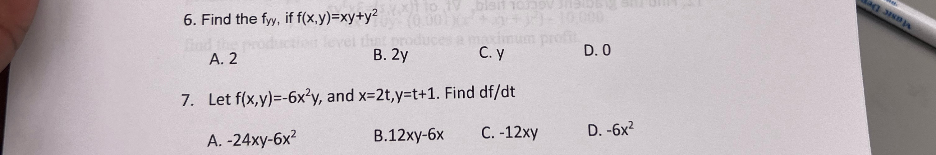 Solved Find the fyy, ﻿if f(x,y)=xy+y2A. 2B. 2yC. yD. 0Let | Chegg.com