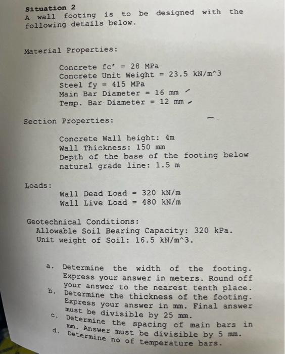 Solved Situation 2 A wall footing is to be designed with the | Chegg.com