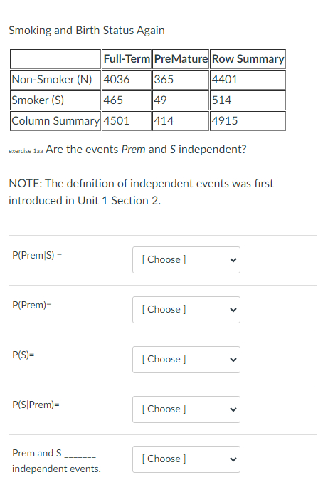 Solved Smoking and Birth Status Againexercise 1aa Are the | Chegg.com