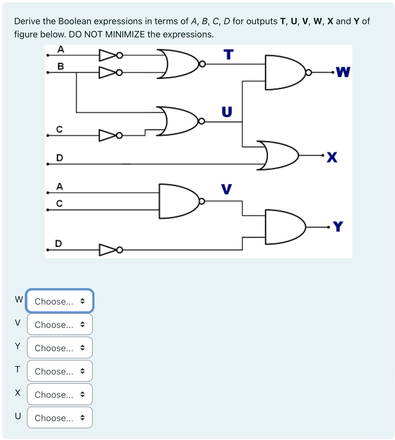 Derive the Boolean expressions in terms of A,B,C,D | Chegg.com