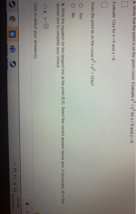 Solved a. Verify that the given point lies on the curve. b. | Chegg.com