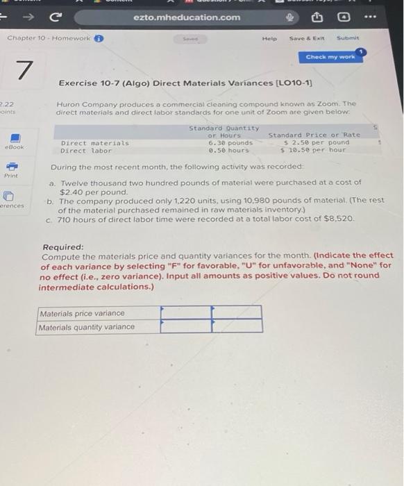 Solved Exercise 10-7 (Algo) Direct Materials Variances | Chegg.com