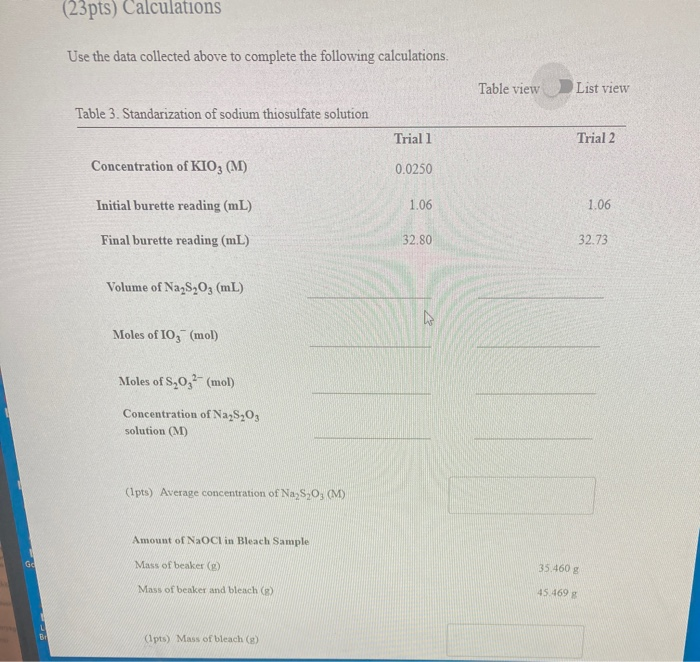 (23pts) Calculations Use the data collected above to | Chegg.com