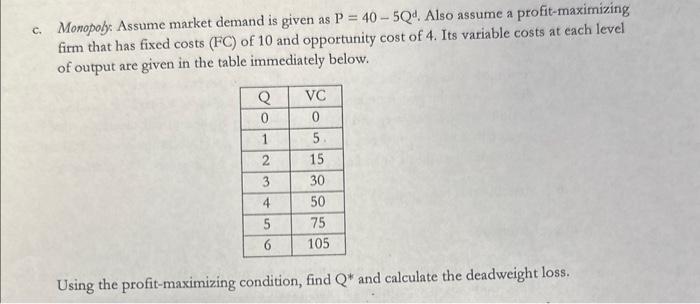 Solved c. Monopoly: Assume market demand is given as | Chegg.com