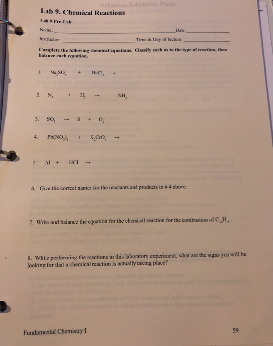Solved Arkansas Scholastic Press Lab 9. Chemical Reactions | Chegg.com
