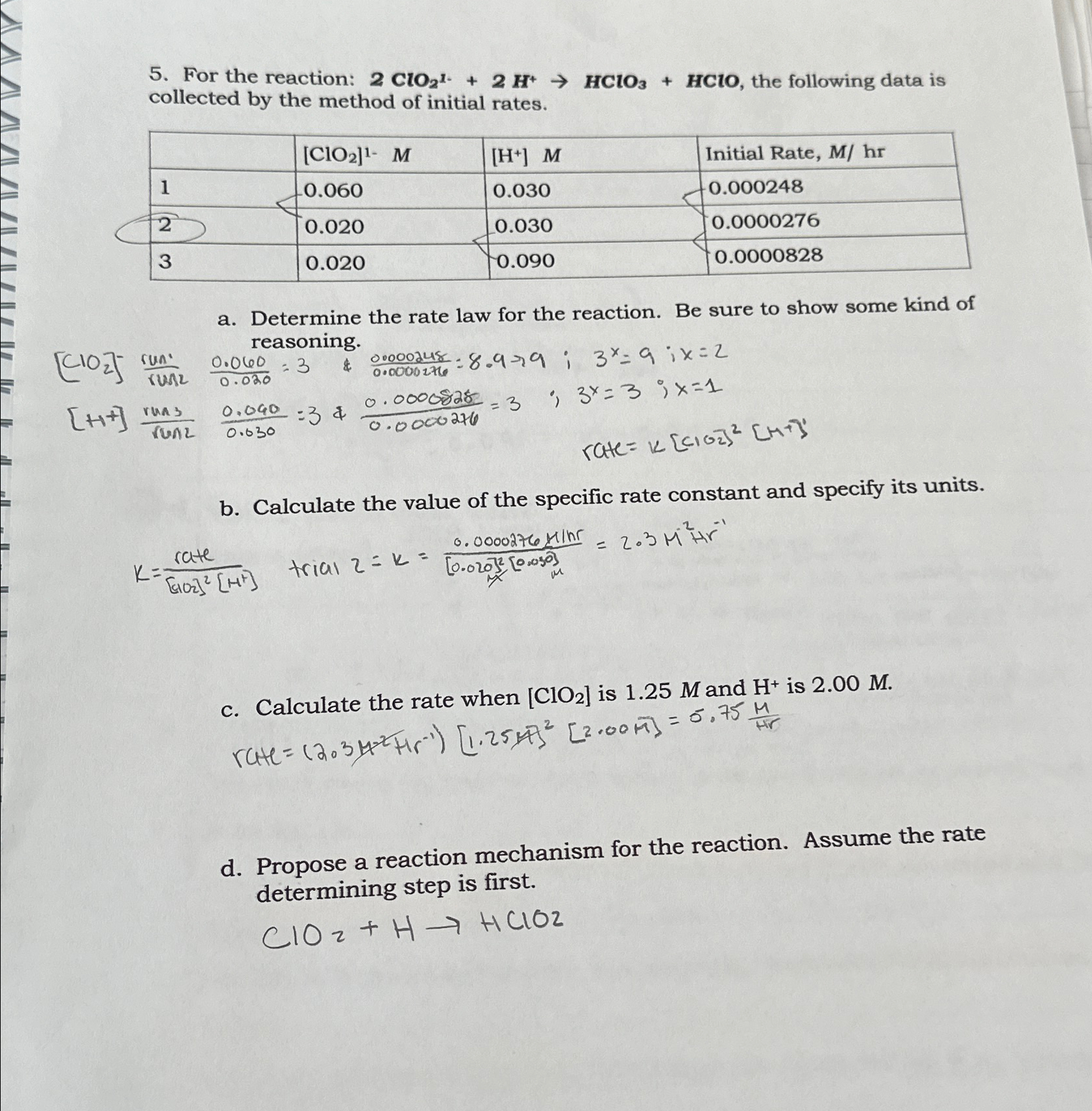 Solved For the reaction: 2ClO2I-+2H+→HClO3+HClO, the | Chegg.com