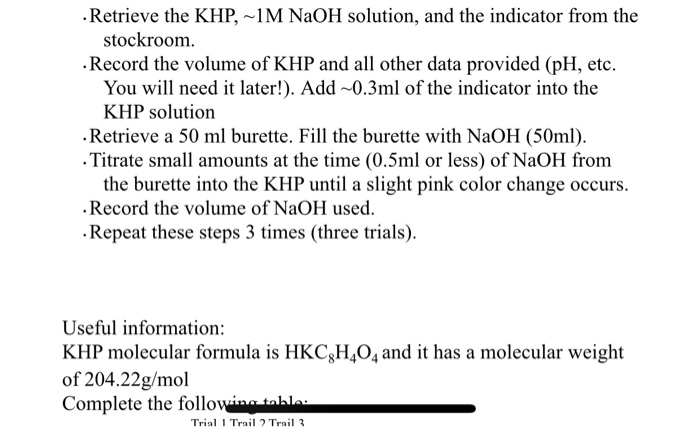 Solved Retrieve the KHP-1M NaOH solution, and the indicator | Chegg.com