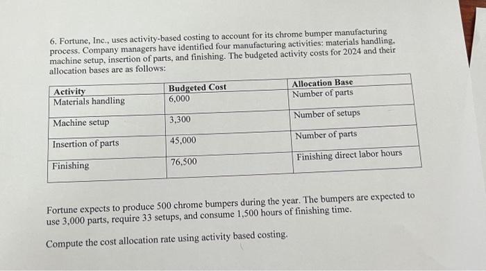 Solved 6. Fortune, Inc., uses activity-based costing to | Chegg.com